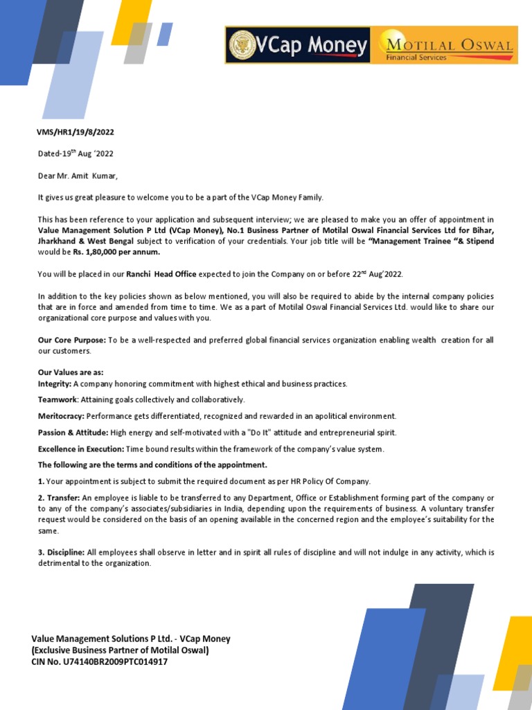 Offer Letter - Mr. Amit Kumar | PDF | Employment | Legal Remedy