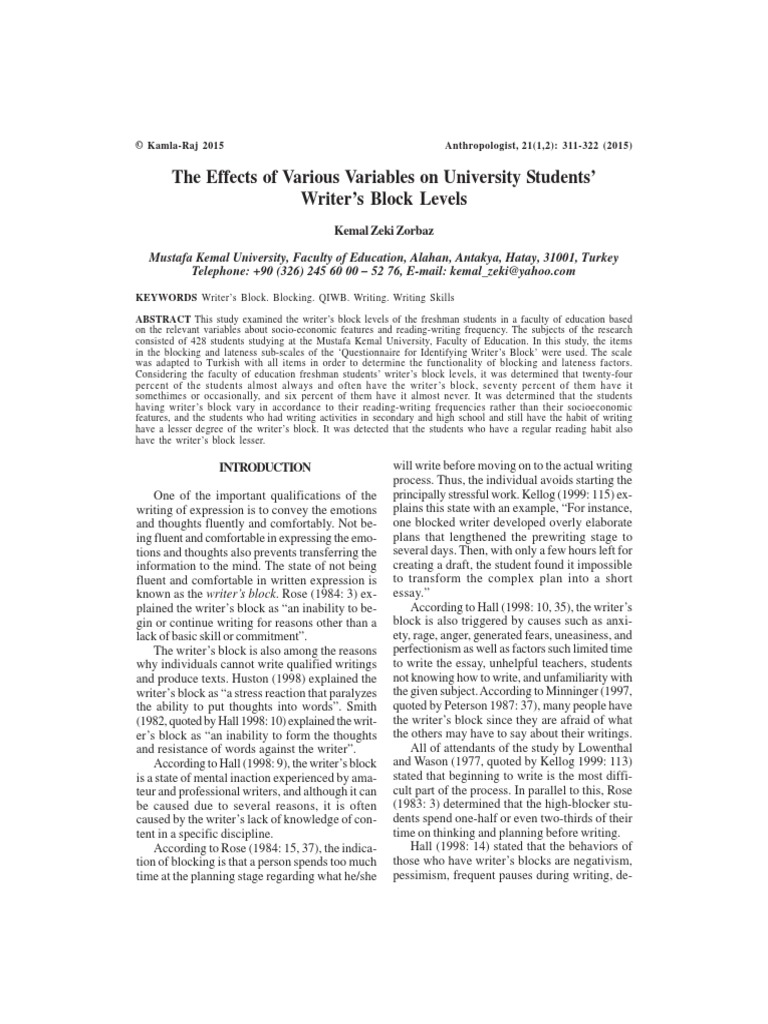 15-The Effects of Various Variables On University Students' Writer's Block Levels | PDF ...