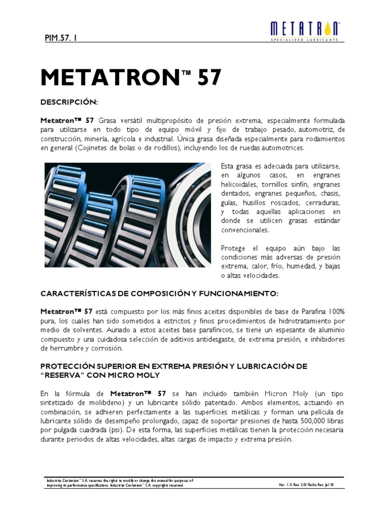 METATRON 57 Spanish | PDF | Lubricante | Rodamiento (Mecánico)