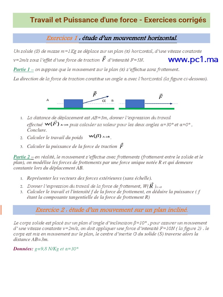 Travail Et Puissance D'une Force - Exercices Corrigés P.Haroun Samih (WWW - Pc1.ma) | PDF ...