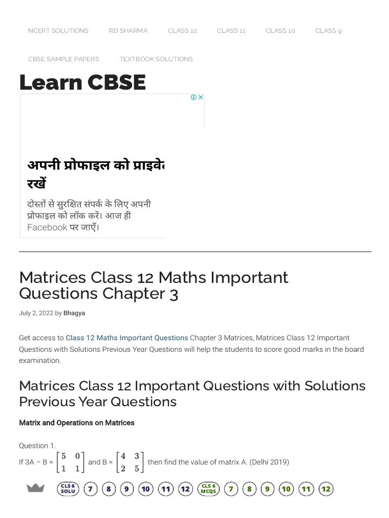 Matrices Class 12 Maths Important Questions Chapter 3 - Learn CBSE | PDF | Matrix (Mathematics ...