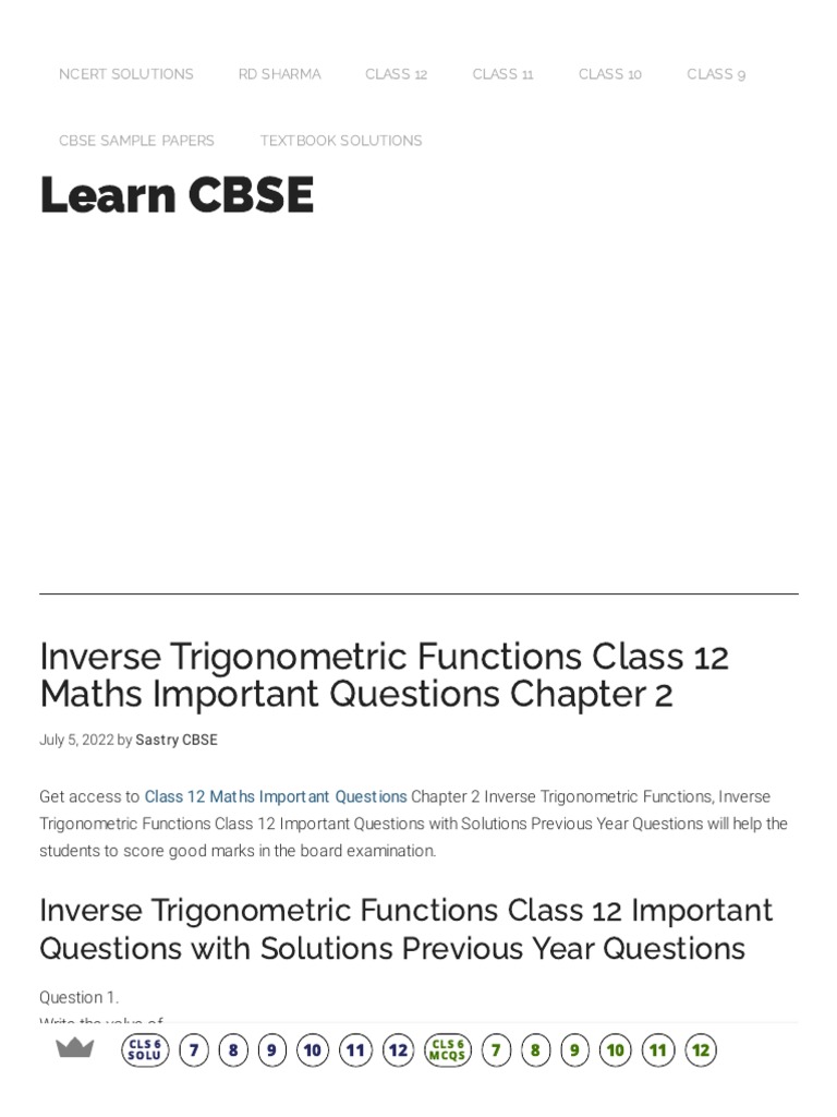Important Questions For CBSE Class 12 Maths Inverse Trigonometric Functions | Download Free PDF ...