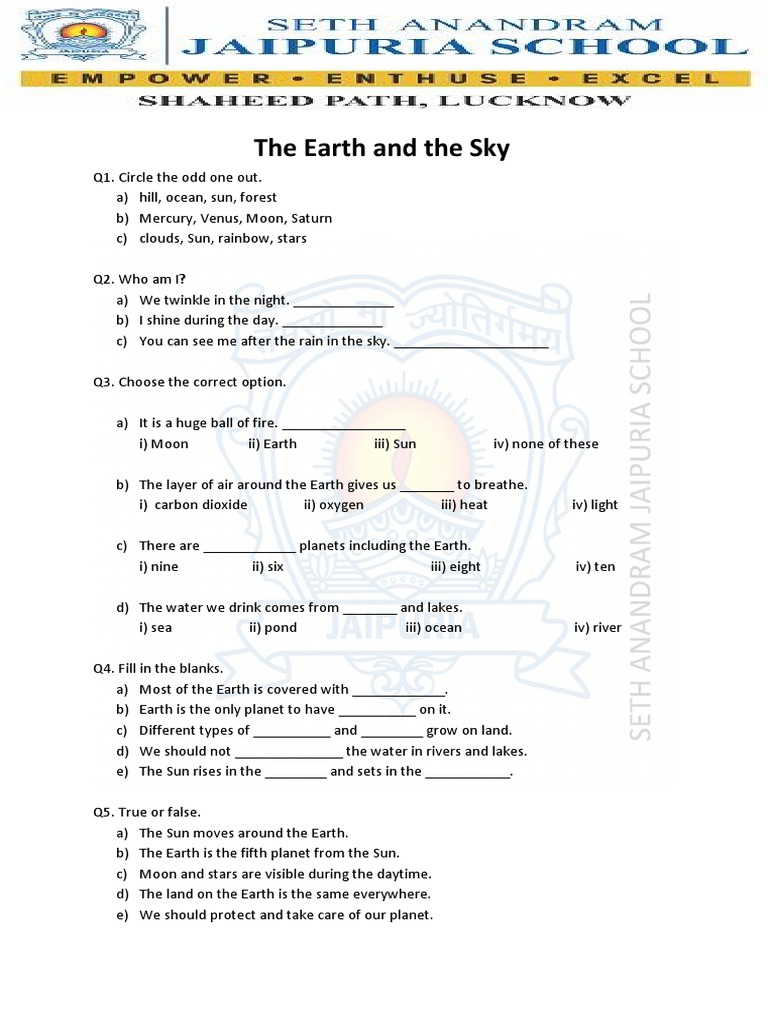 Revision Worksheet_The Earth and the Sky | PDF | Sky | Earth