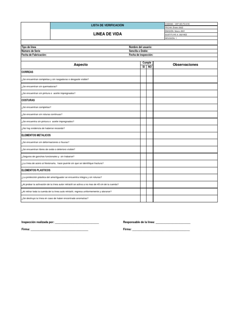 Checklist de Línea de Vida y Arnés | PDF | Materiales | Ingeniería de ...