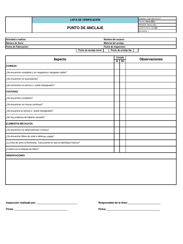 Check List Punto de Anclaje | PDF | Materiales | Ingeniería de Edificación