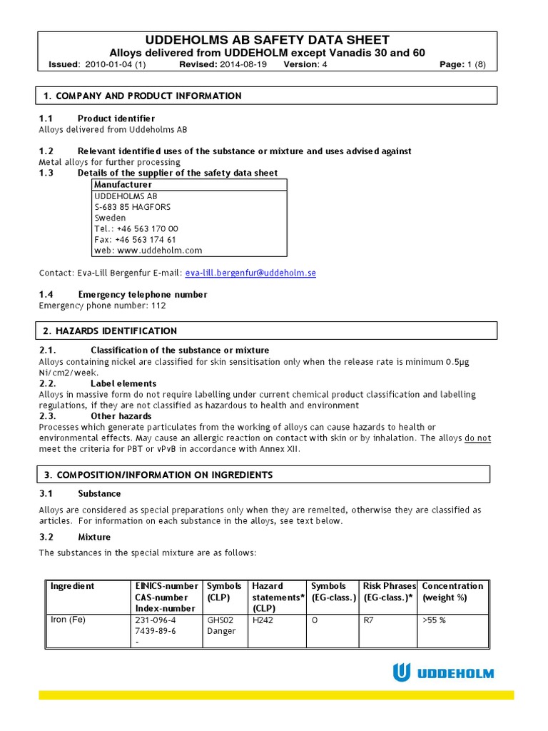 MSDS Alloys Delivered From UDDEHOLM-2 | PDF | Dangerous Goods | Chlorine