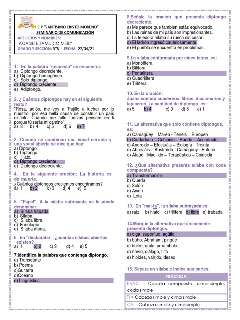 Diptongos y sílabas en español: ejercicios | PDF | Sílaba | Fonética