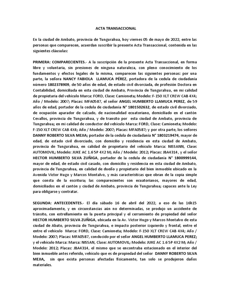 Acta Transaccional de Acuerdo de Daños | PDF | Mandato