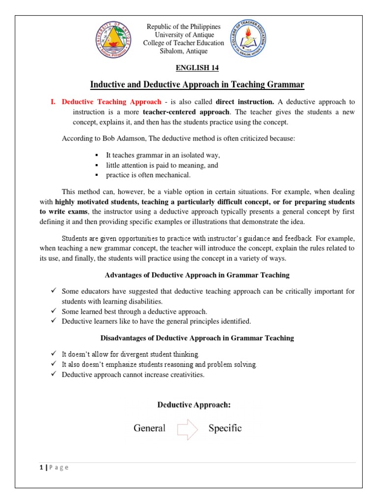 GROUP 2 - Handouts For Deductive and Inductive Approach | PDF | Teaching Method | Teachers