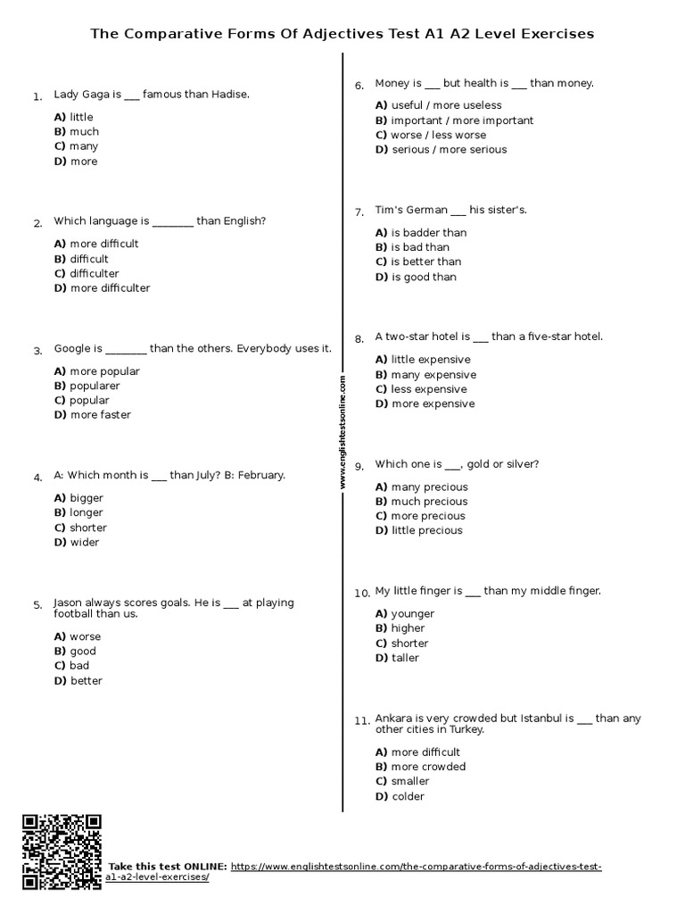 426 - The Comparative Forms of Adjectives Test A1 A2 Level Exercises | PDF