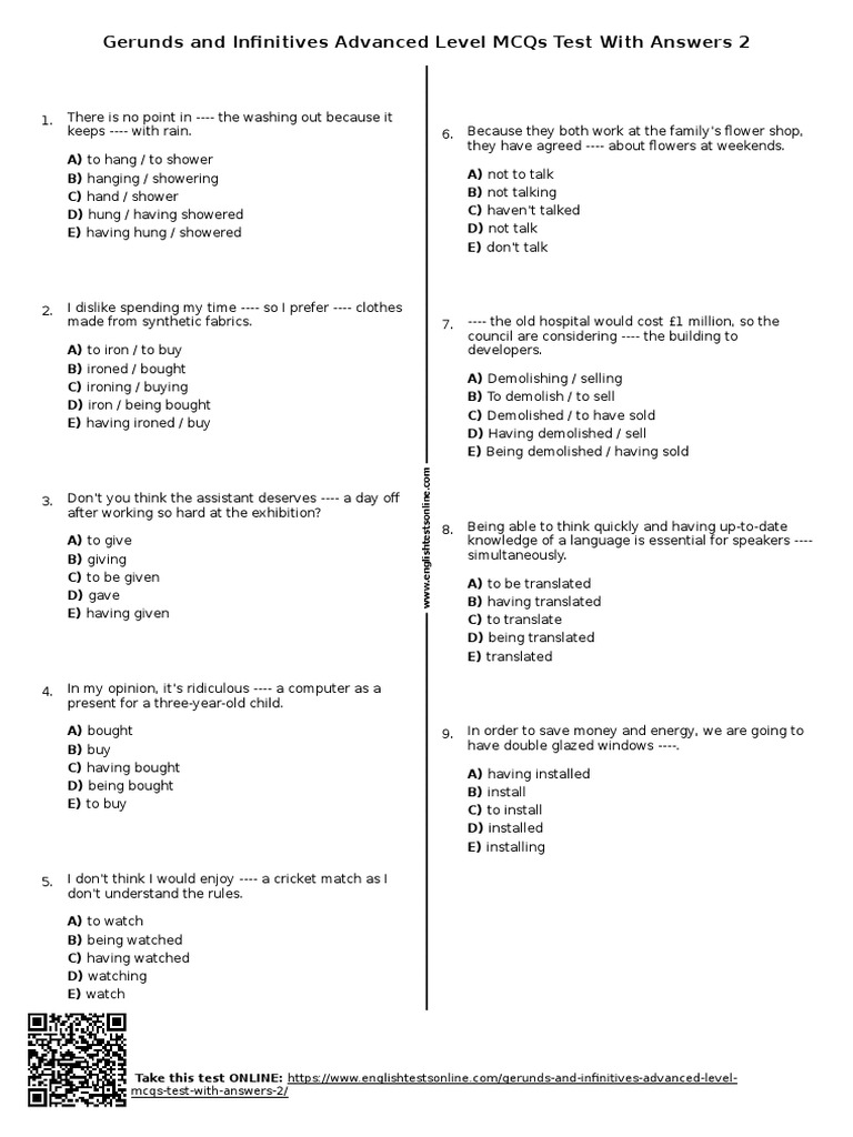 Mastering Gerunds and Infinitives: A Comprehensive Test with ...