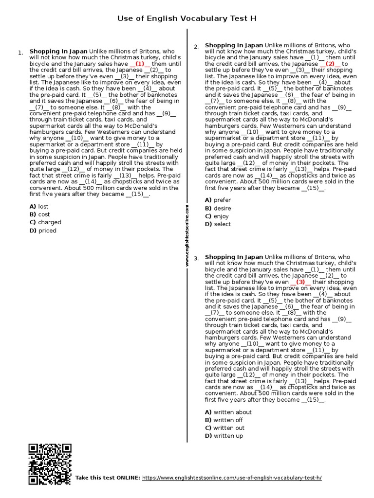 184 - Use of English Vocabulary Test H | PDF | Supermarket | Money