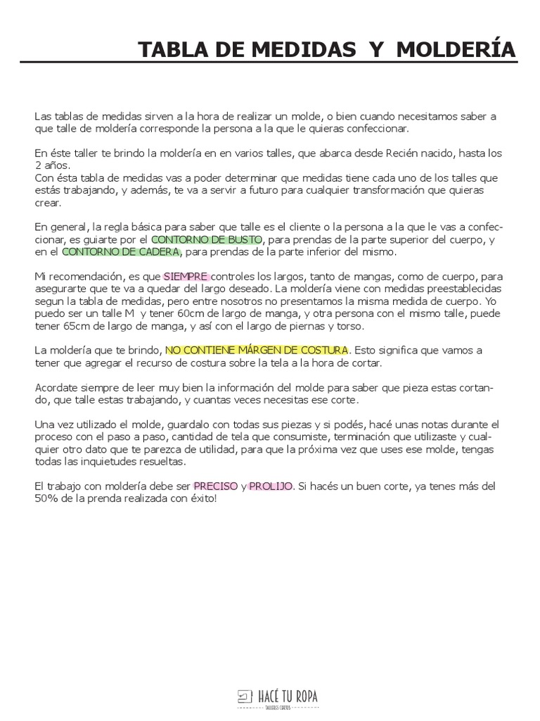 Tabla de Medidas para Moldería Infantil | PDF