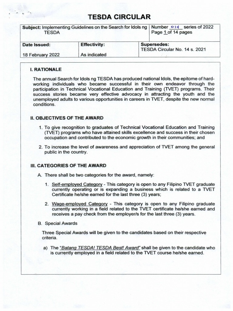 TESDA Circular No. 014-2022 | PDF | Payroll Tax | Vocational Education