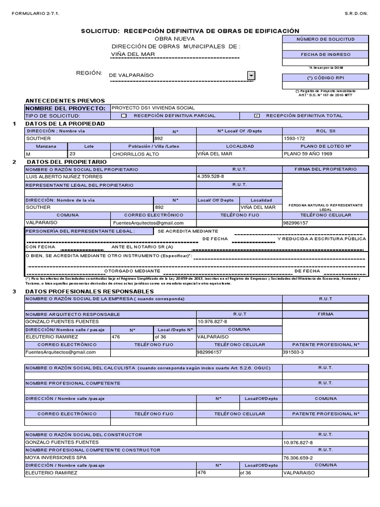 Solicitud de recepción definitiva de obras de edificación para proyecto de vivienda social | PDF