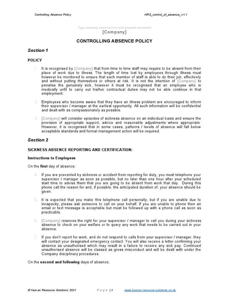 Employee Absence Guidelines | PDF | Employment | Sick Leave