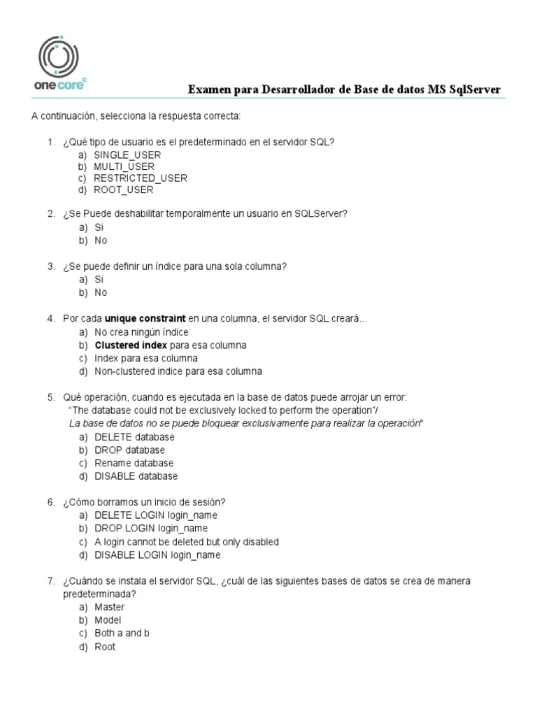Examen SQLServer para Desarrolladores | PDF | Servidor SQL de Microsoft | SQL