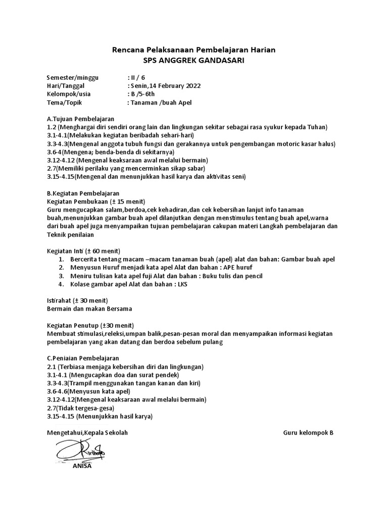 RPPH Pembelajaran Tema Tanaman PAUD | PDF | Karier & Perkembangan ...