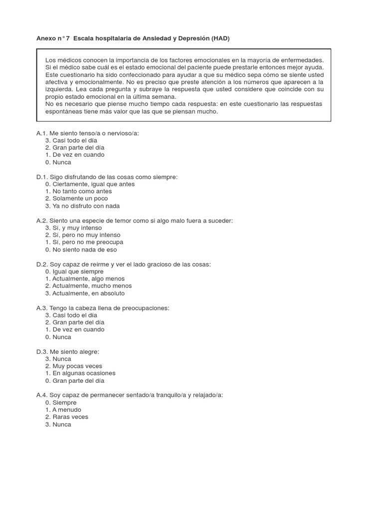 Anexo N° 7 Escala Hospitalaria de Ansiedad y Depresión (HAD ...