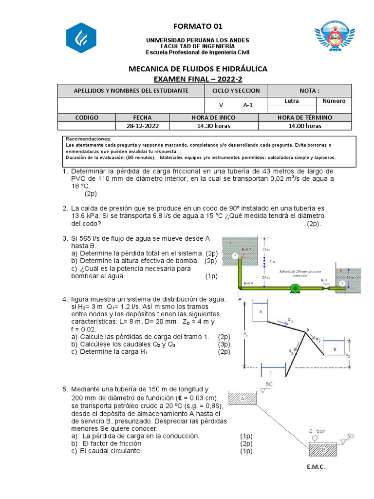Upla - M.f.h.-Examen Final (Ic) - 2022-2 | Descargar gratis PDF | Tubería (transporte de fluidos ...