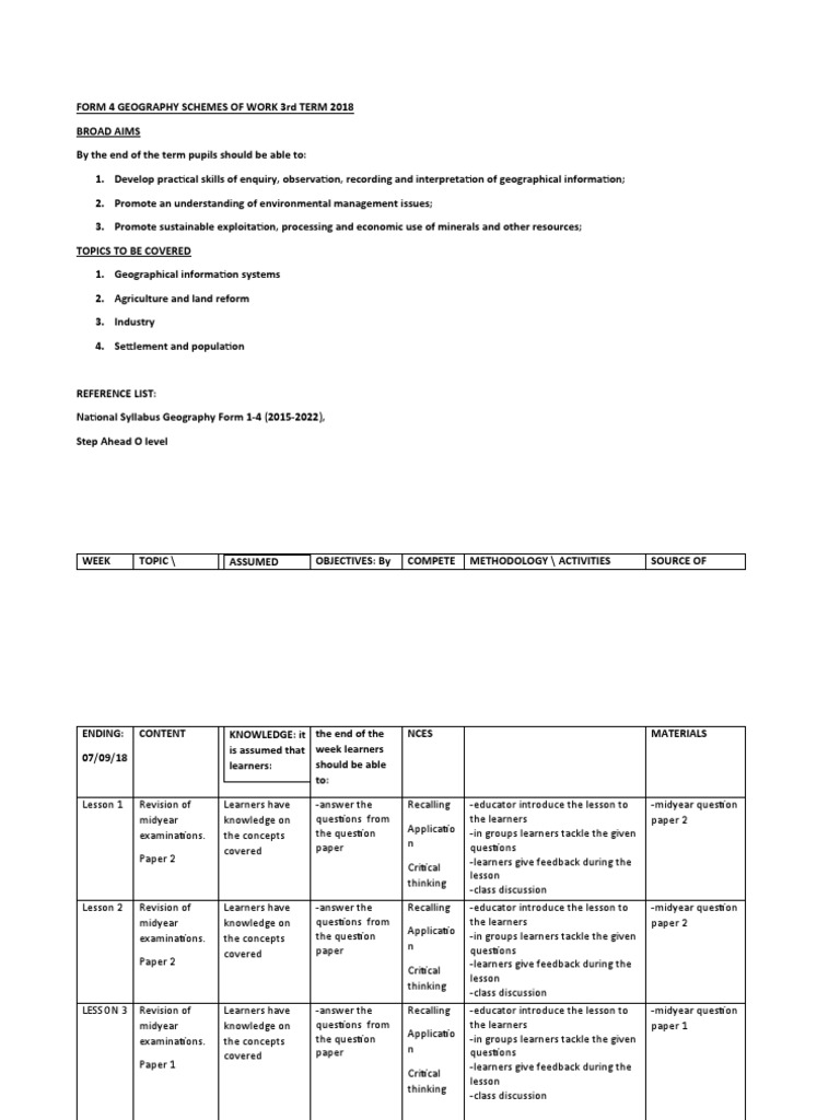 Form 4 Geography Schemes of Work 3rd Term 2018 | PDF | Learning | Thought Form 4 Geography Schemes of Work 3rd Term 2018 | PDF | Learning | Thought