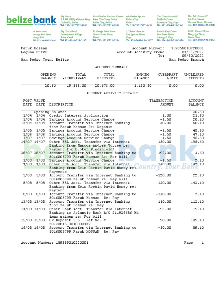 Belize Bank Statement | PDF | Banks | Deposit Account