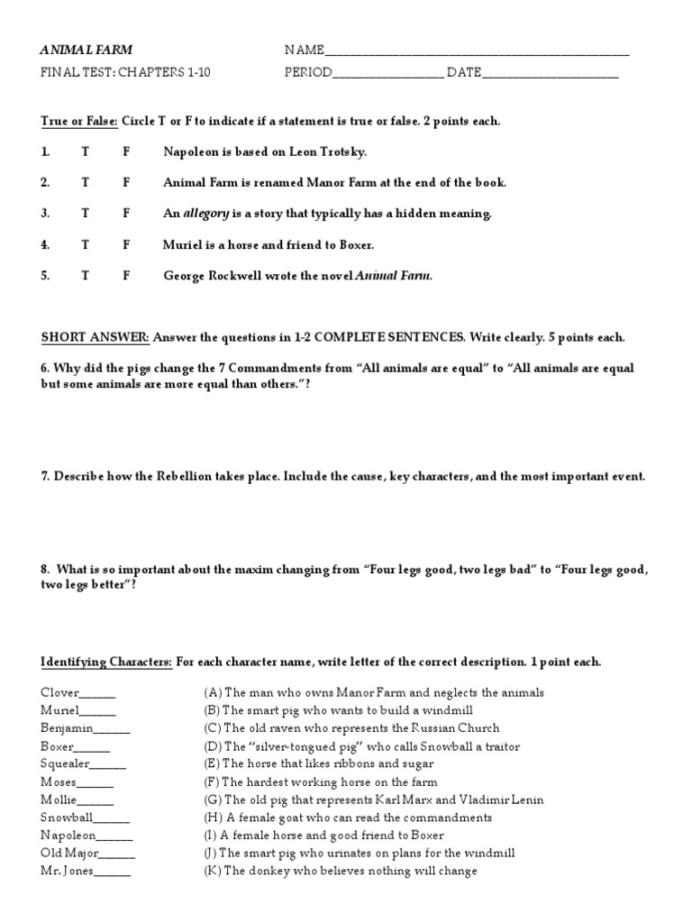 ANIMAL FARM TEST Chapters 1-10 | PDF | History