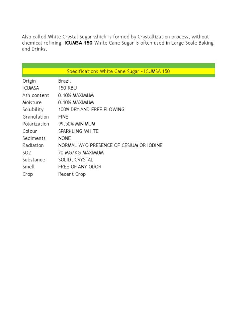 ICUMSA 150 Sugar Specifications Overview | PDF