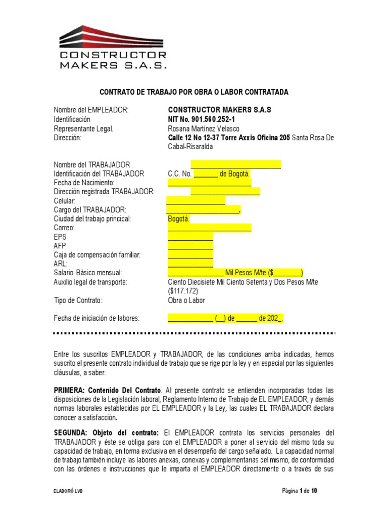 Contrato Por Obra o Labor Contratada | PDF | Salario | Derecho laboral