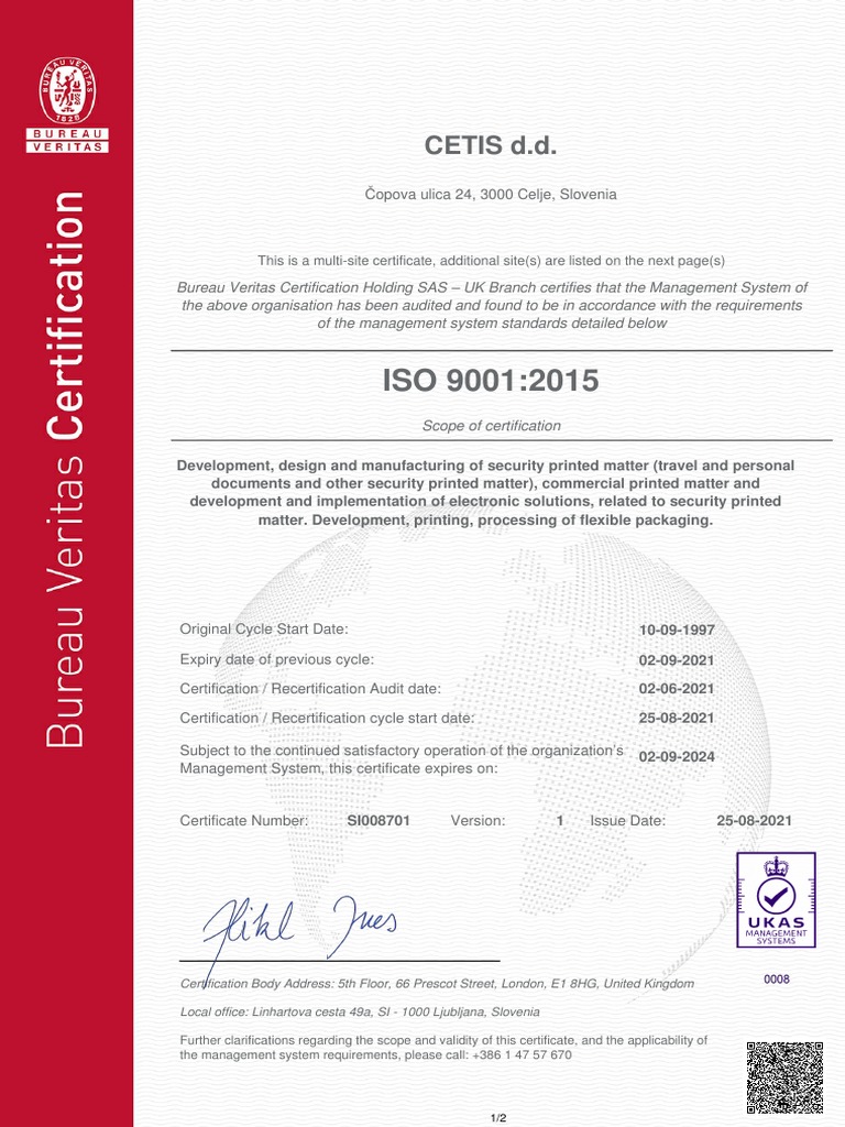 Cetis D.D. Iso9001 Certificate 25082021 Eng | PDF | Iso 9000 | Regulation