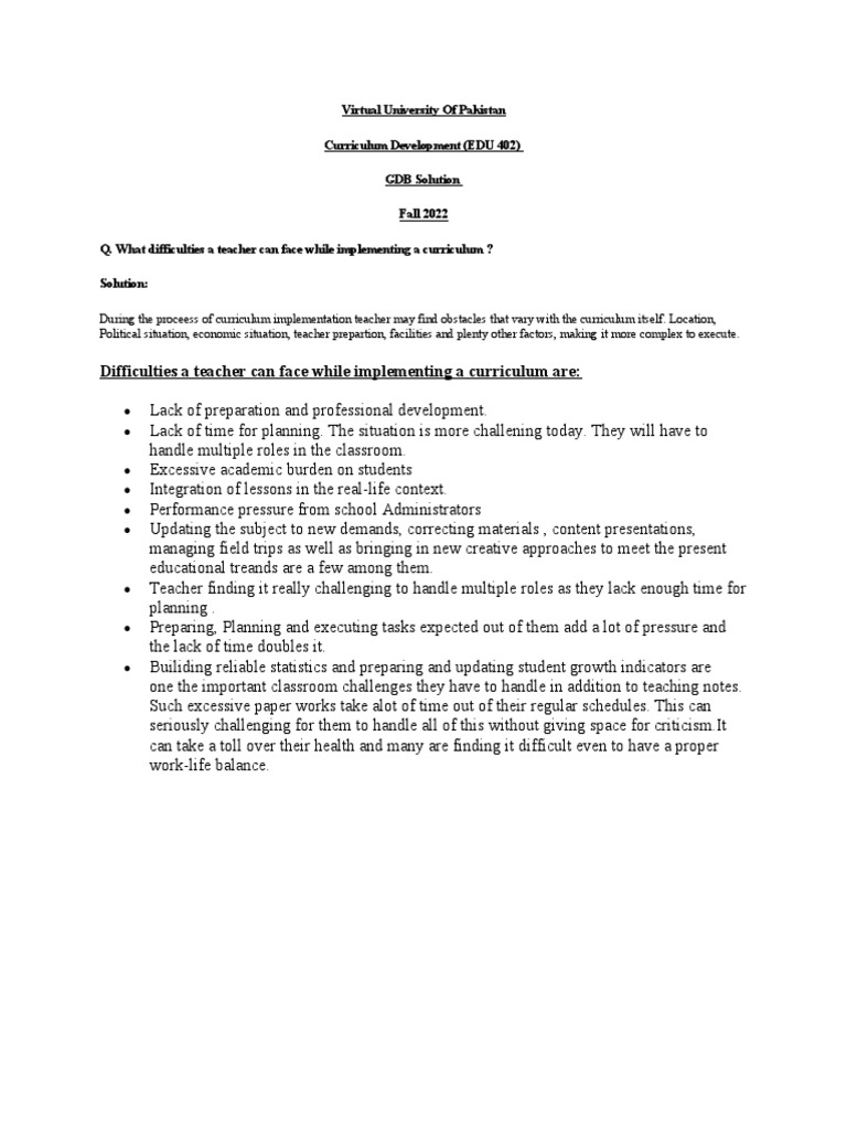 (EDU 402) GDB Solution Difficulties Teacher Face | PDF