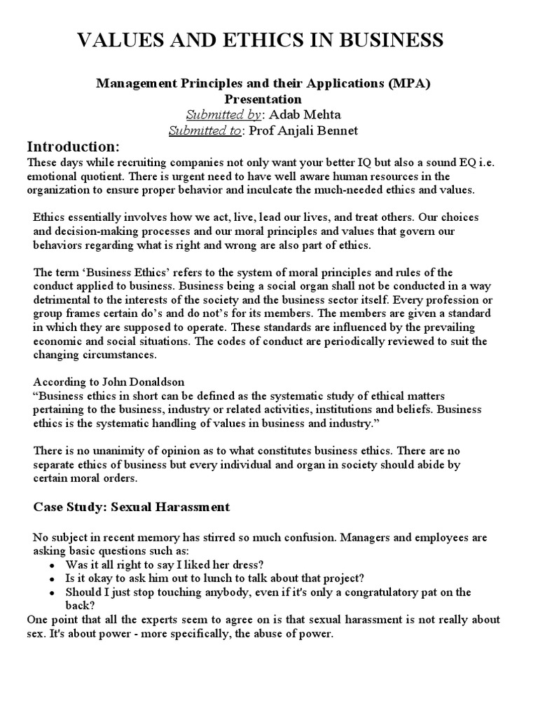 Business Ethics and Values Overview | PDF | Corporate Social ...