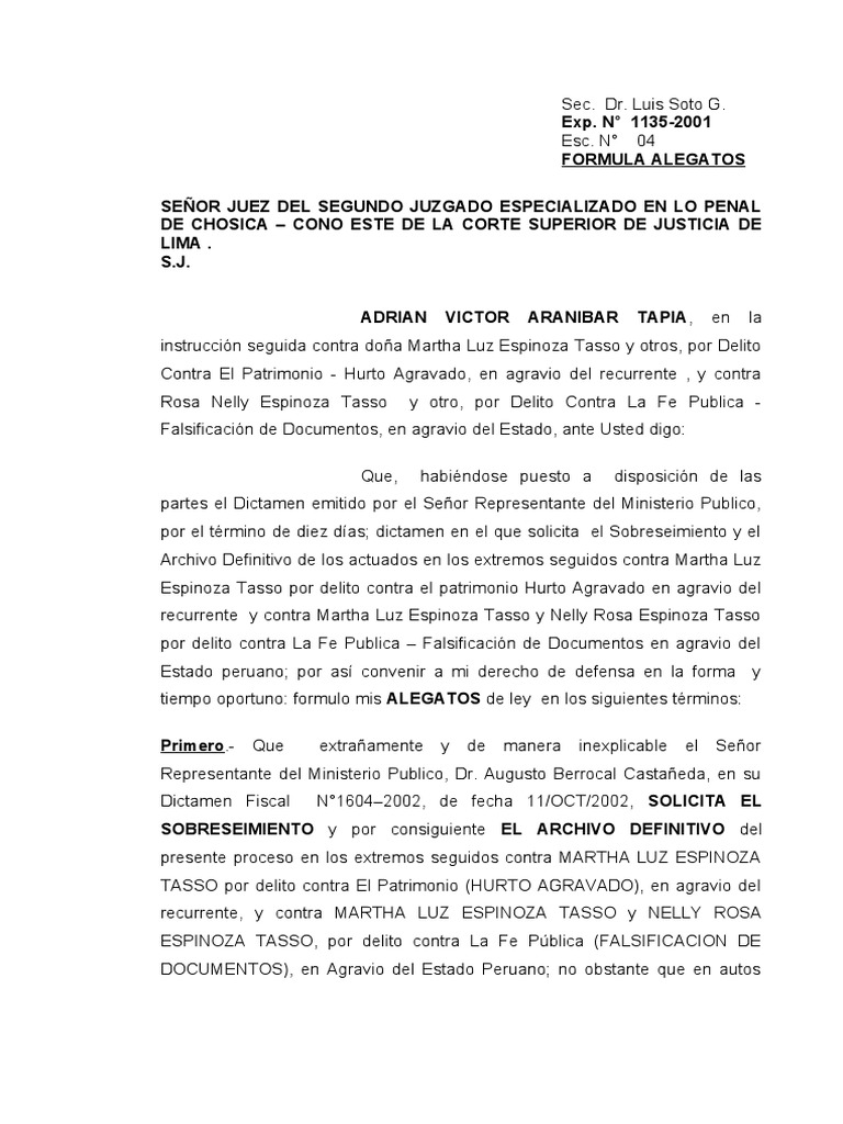 FORMULA ALEGATOS PROCESO PENAL | PDF | Derecho penal | Gobierno