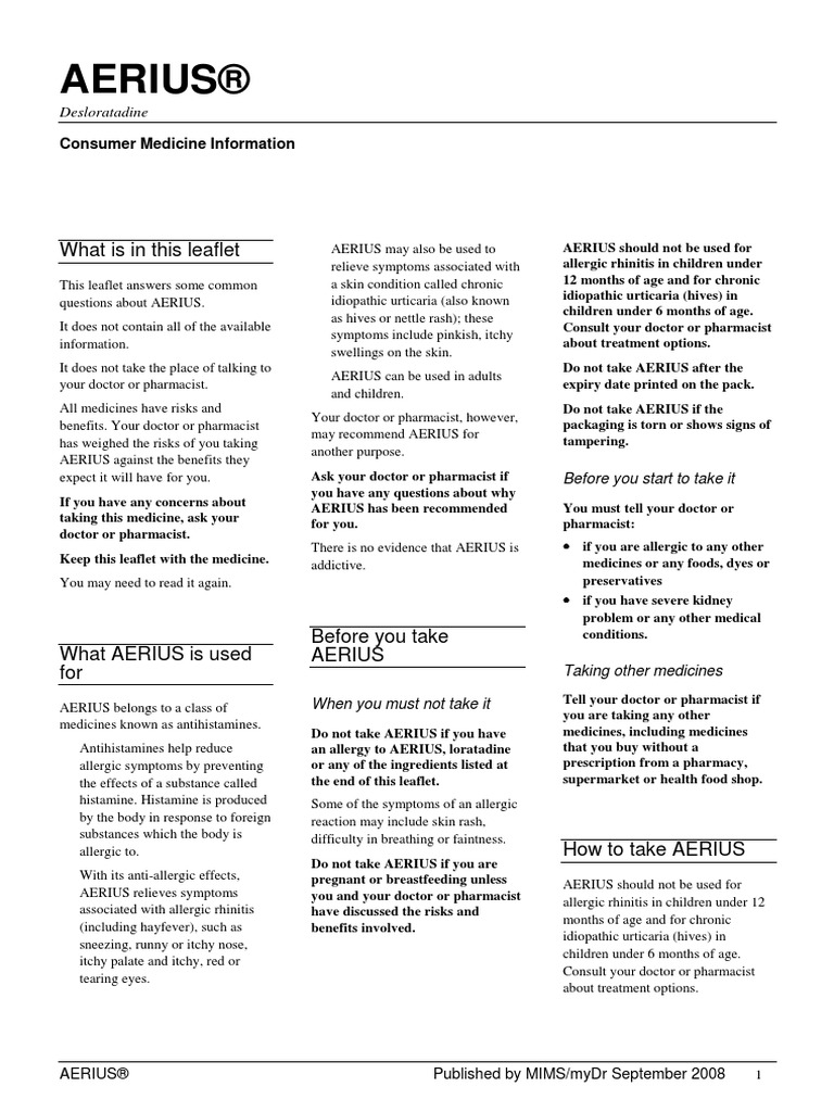 Aerius®: What Is in This Leaflet | PDF | Allergy | Pharmacology