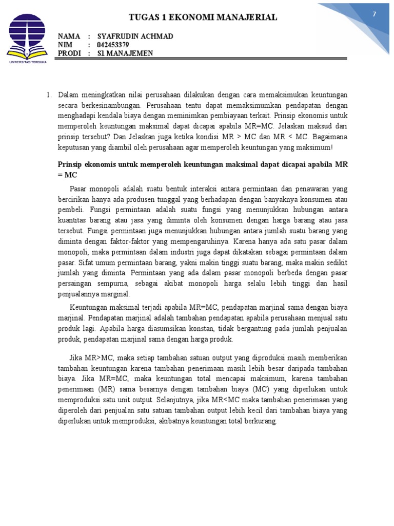 Tugas 1 Ekonomi Manajerial - Syafrudin Achmad 042453379 | PDF