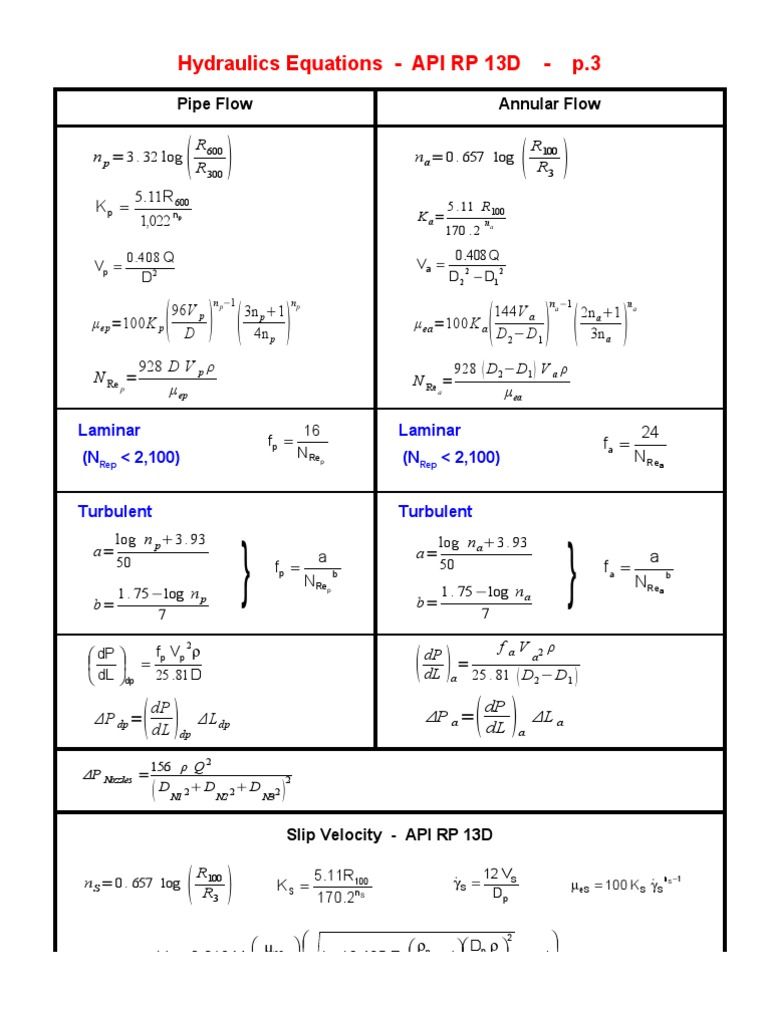 API RP 13D Hydraulic Equations | PDF | Aerospace Engineering | Mechanical Engineering