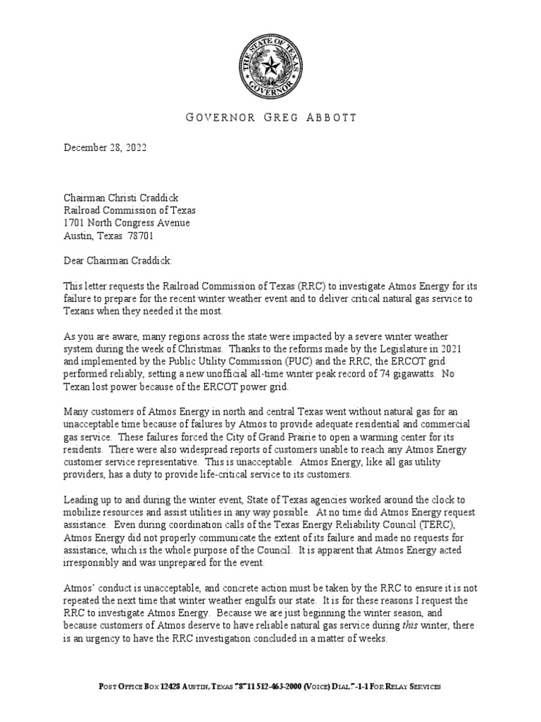Governor Abbott's Letter To Chairman Craddick | PDF | Texas