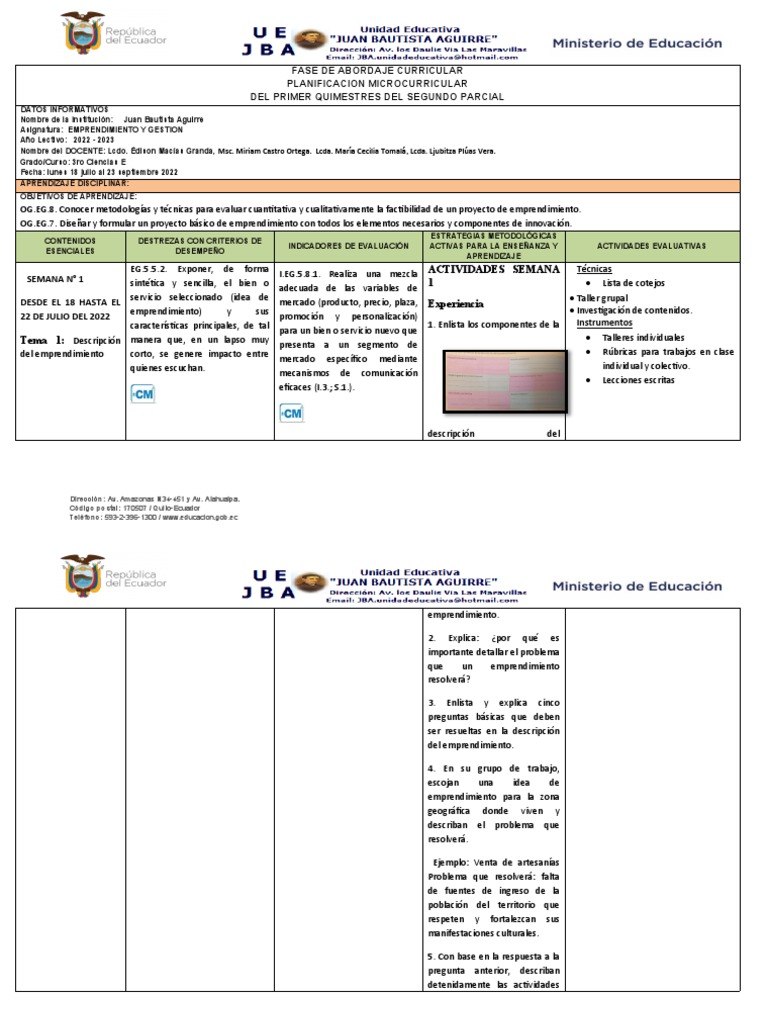 Planificacion Microcurricular de Empred. 2do Parcial 3ero Bgu | PDF ...