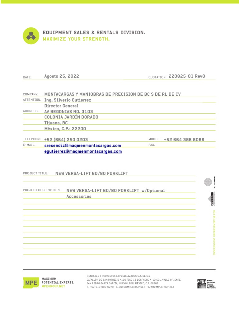 Versa-Lift 60/80 Forklift Quotation | PDF | Elevator | Axle