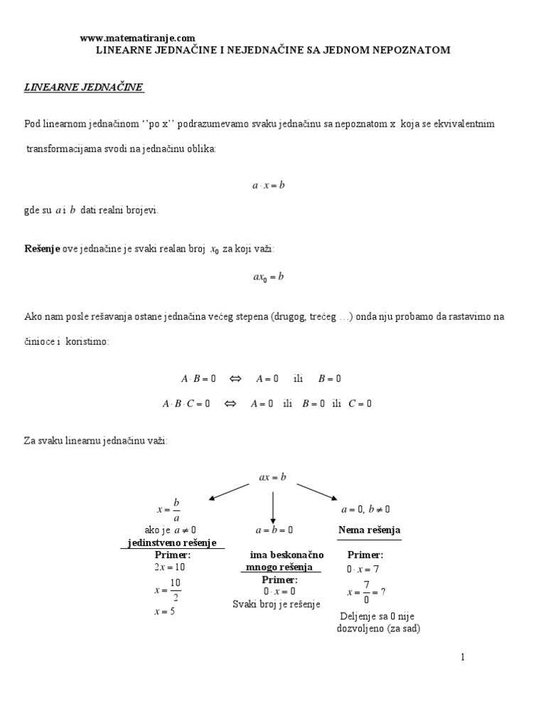 Linearne Jednacine Nejednacine Sa Jednom Nepoznatom | PDF Linearne Jednacine Nejednacine Sa Jednom Nepoznatom | PDF