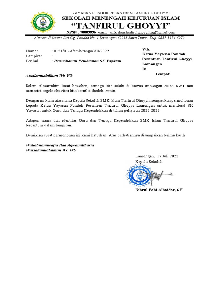 Surat Permohonan Pengajuan SK Ke Yayasan | PDF