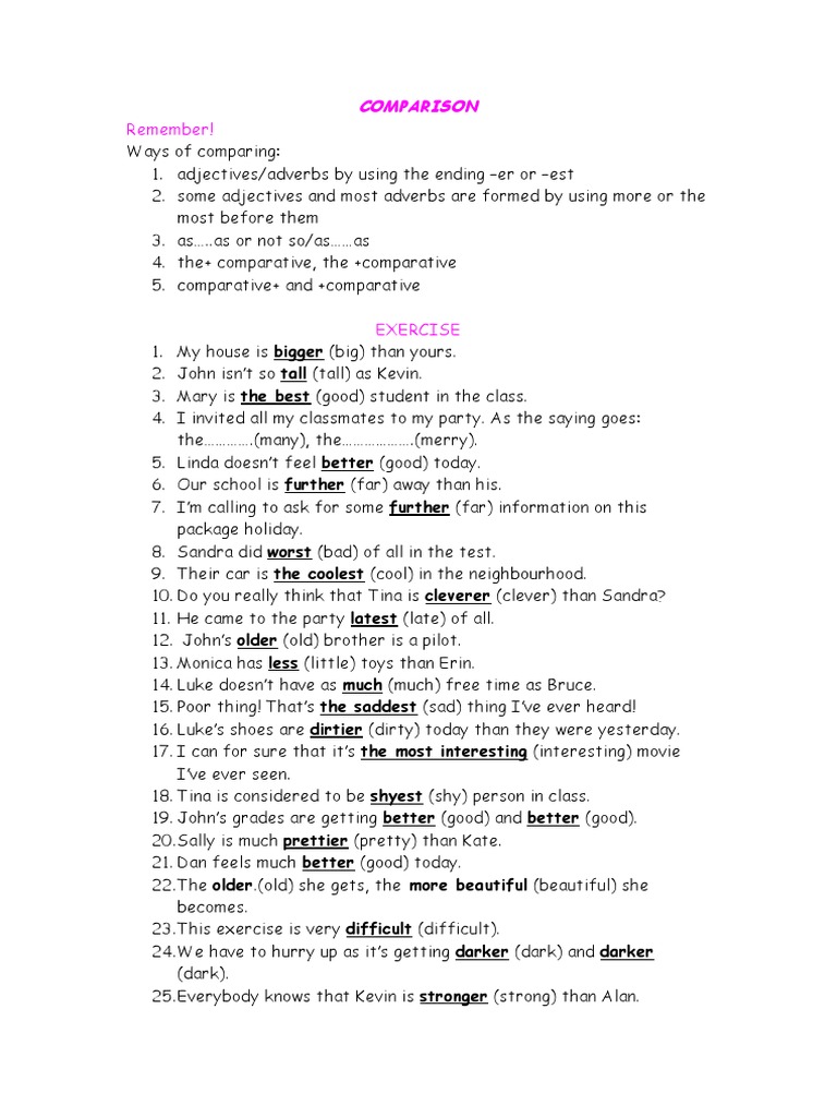 Degrees of Comparison Grammar Drills - 77160 | PDF