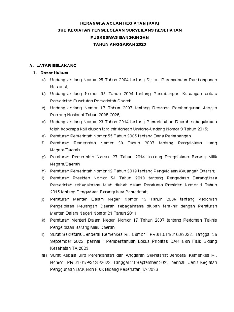PKM TEMPLATE KAK Pengelolaan Surveilans Kesehatan | PDF