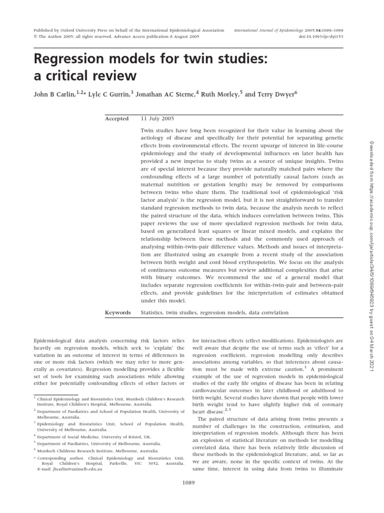 Regression Models For Twin Studies | PDF | Ordinary Least Squares | Regression Analysis