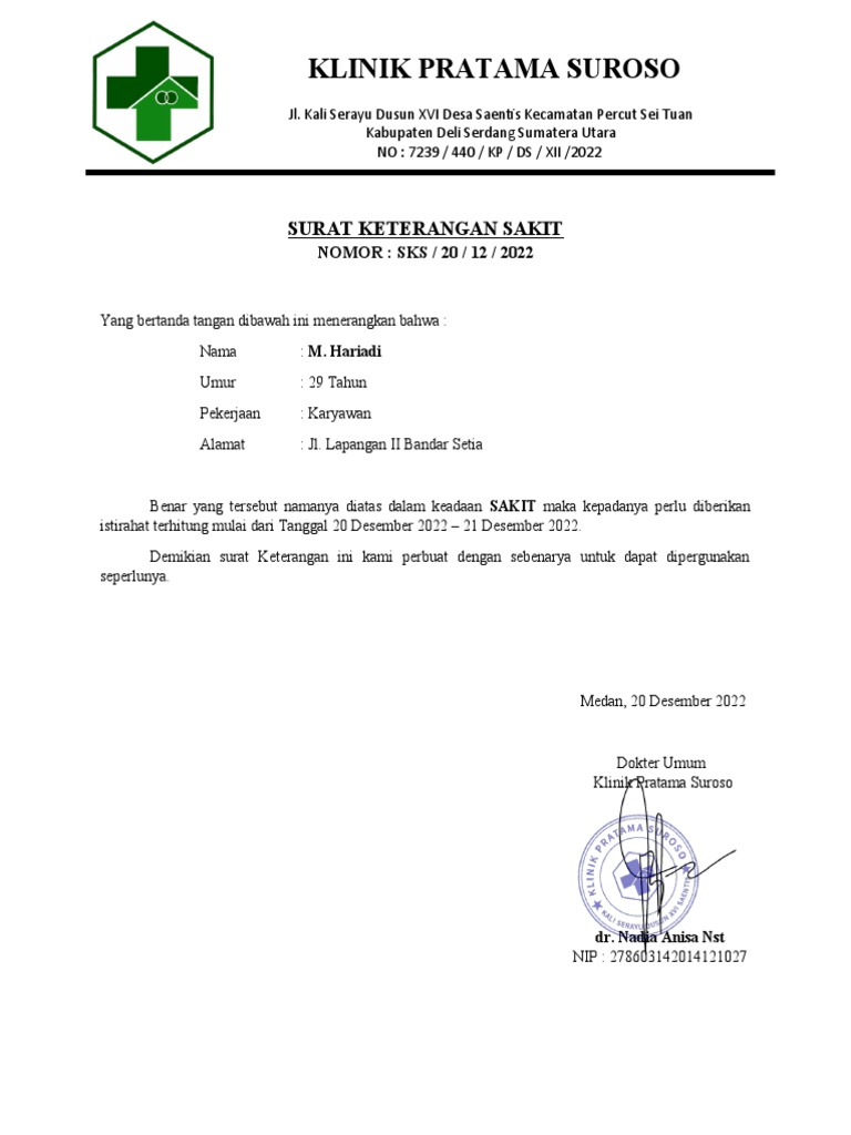 Contoh Surat Sakit Yang Benar | PDF