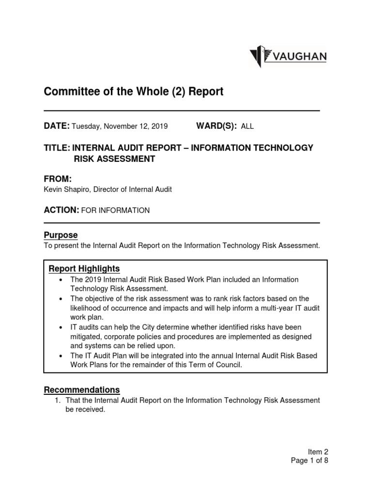 INTERNAL AUDIT REPORT - INFORMATION TECHNOLOGY RISK ASSESSMENT | PDF ...