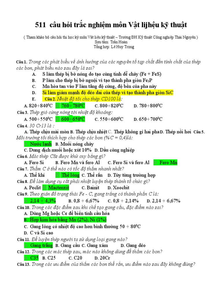 123doc 511 Cau Hoi Trac Nghiem Mon Vat Lieu Ky Thuat | PDF