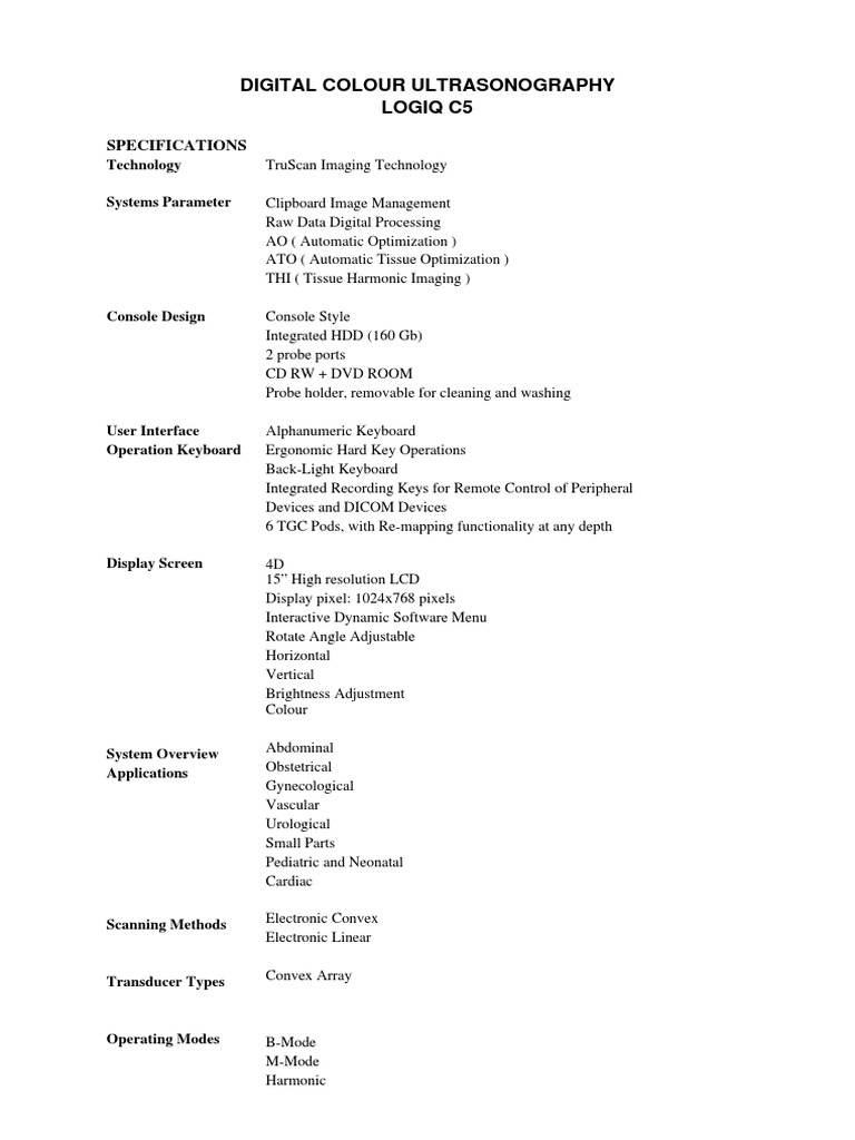 Spec USG LOGIQ C5 | PDF | Medical Ultrasound | Computer Keyboard