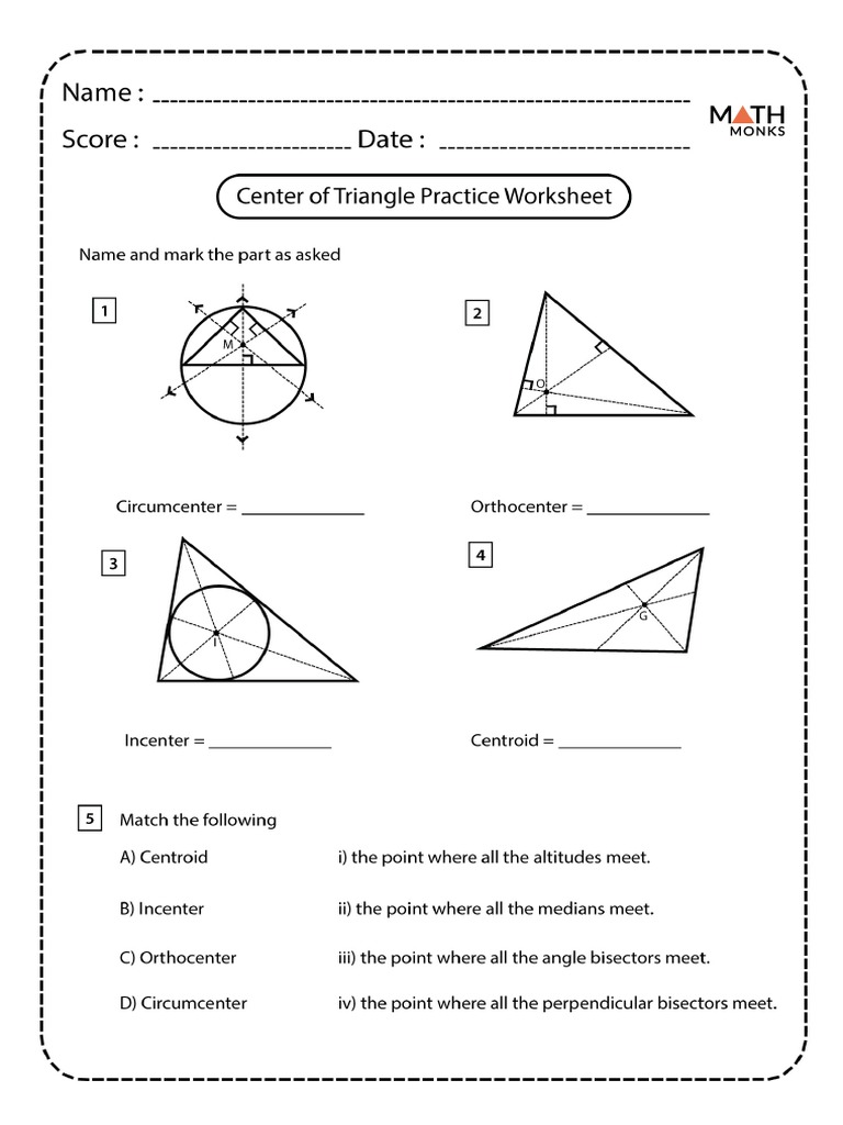 Centers of Triangles Circumcenter and Incenter Worksheet | PDF