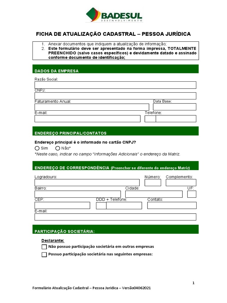 Ficha de Atualização Cadastral PJ | PDF